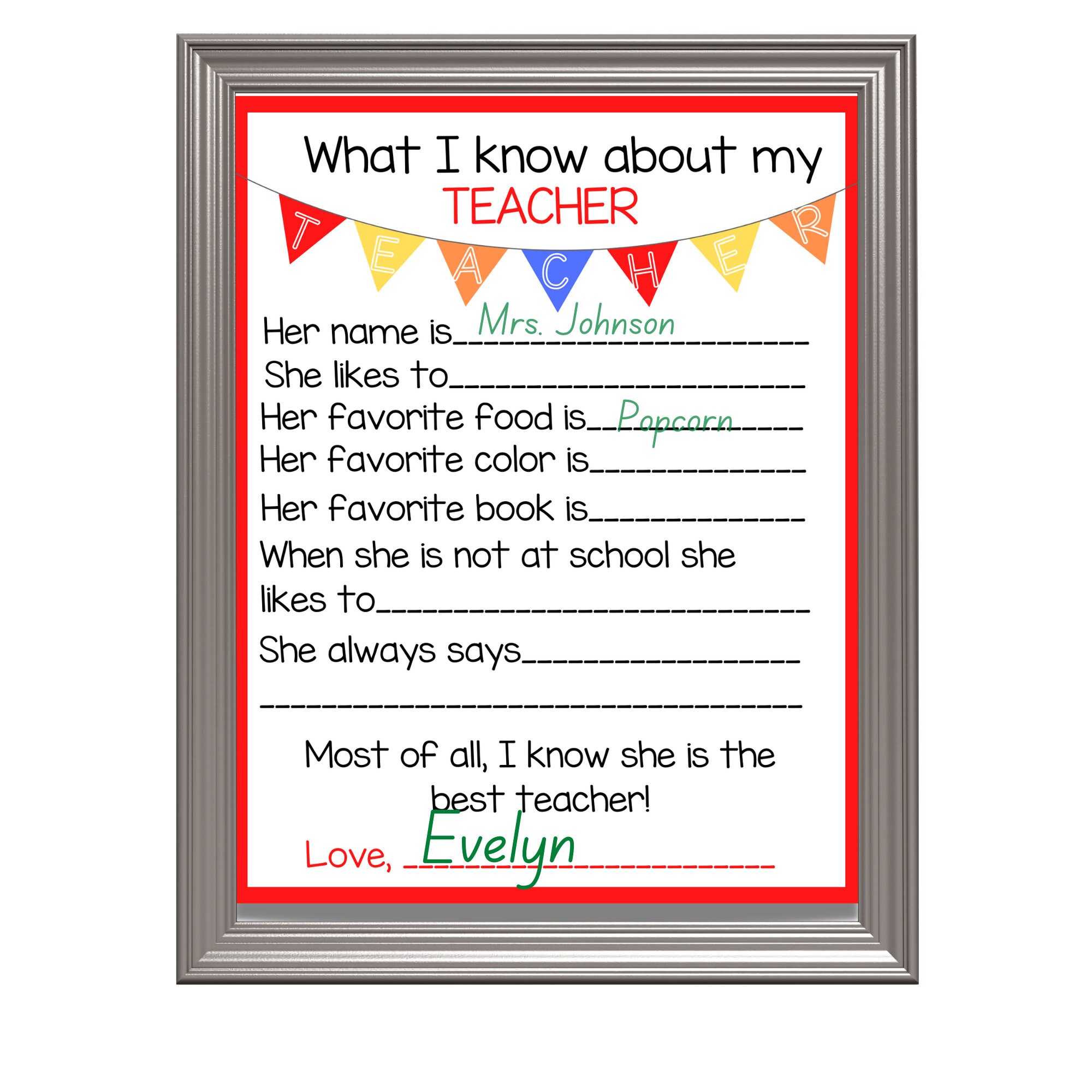 Printable Teacher Appreciation Questionnaire for Elementary - Etsy