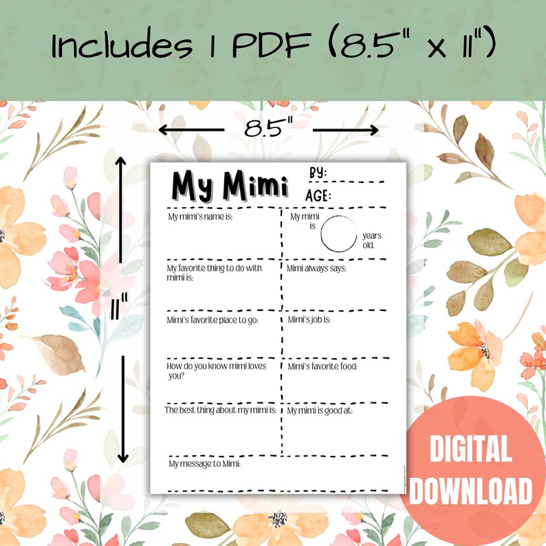 Printable My Mimi Worksheet, All About My Mimi, Mimi Birthday Gift ...