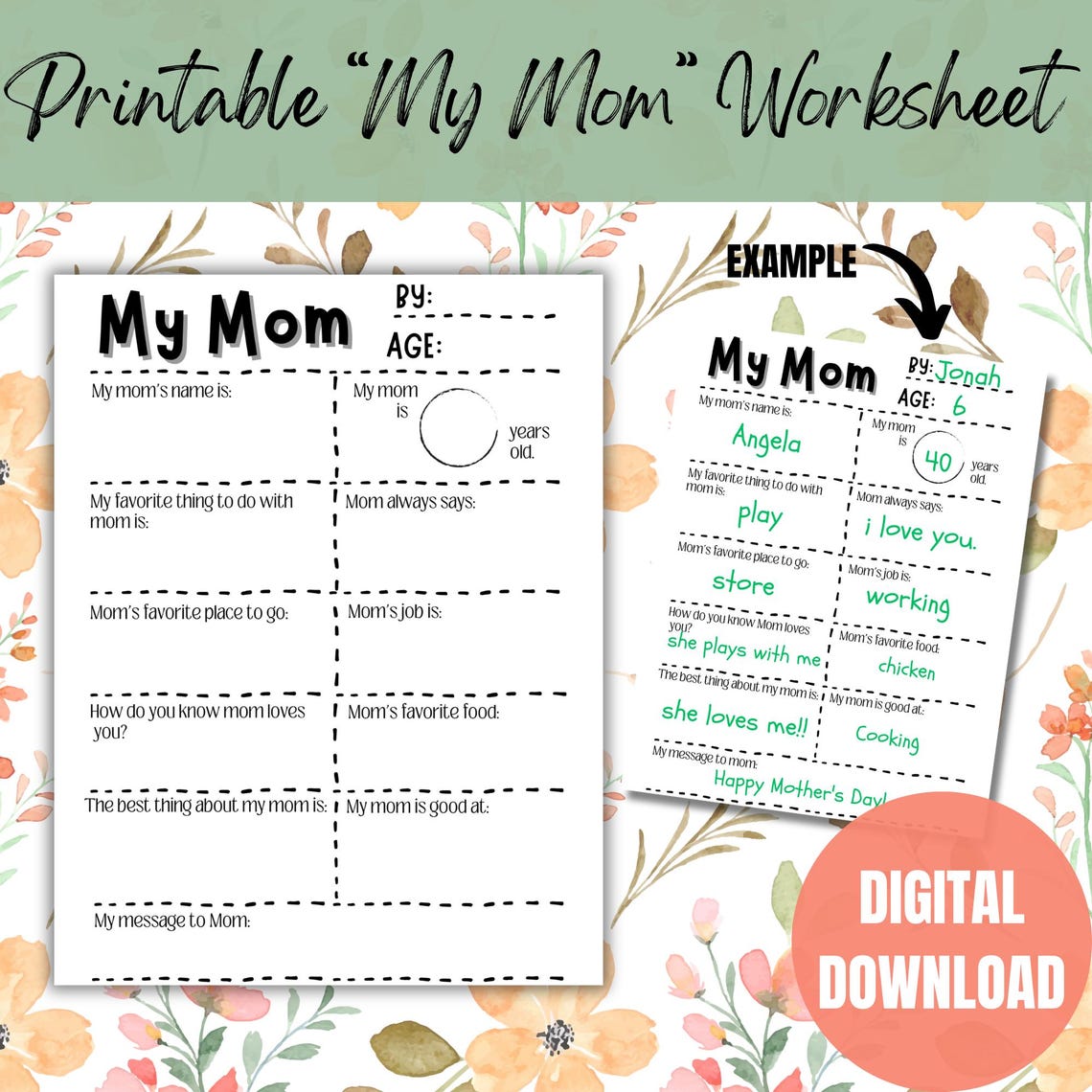 Printables My Mom Worksheet, Birthday Gift to Mom, Mom Gift From Kid ...
