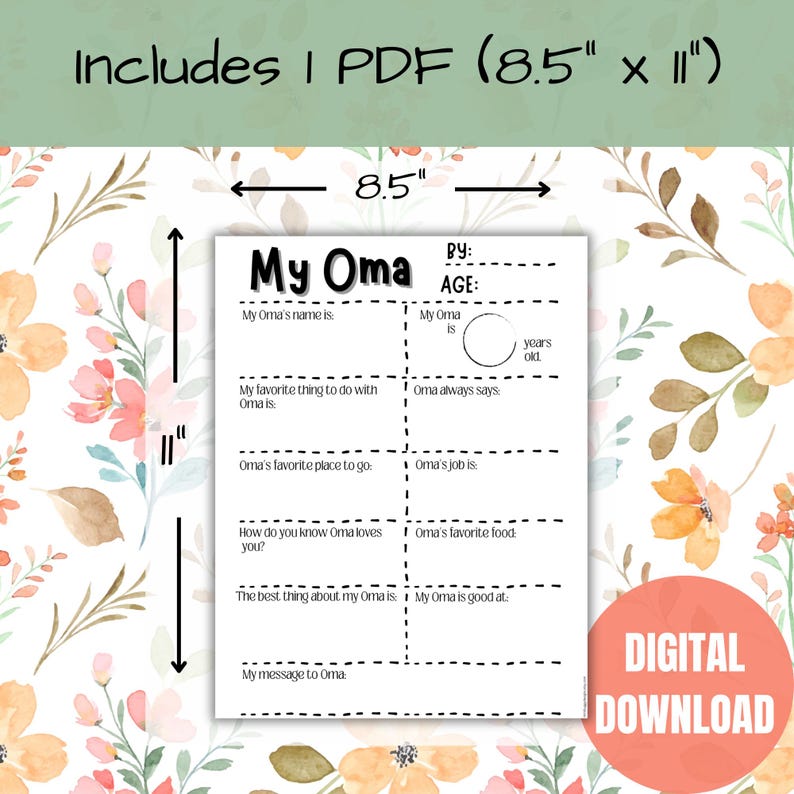All About My Oma Worksheet, Oma Birthday Gift (PDF Printable) - Etsy