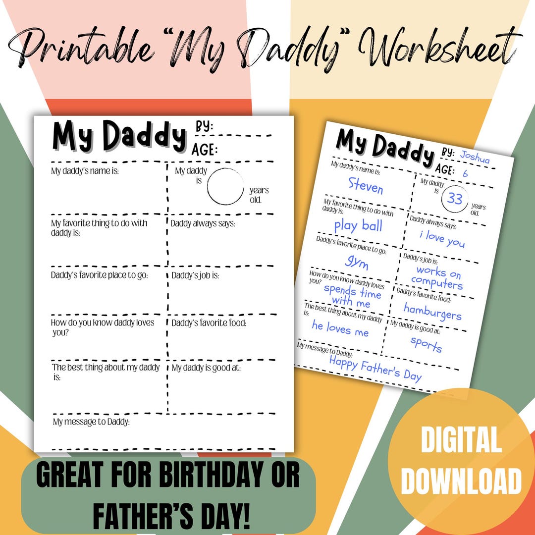 Printable Daddy Worksheet, About My Daddy, Gift for Daddy, Father's Day ...
