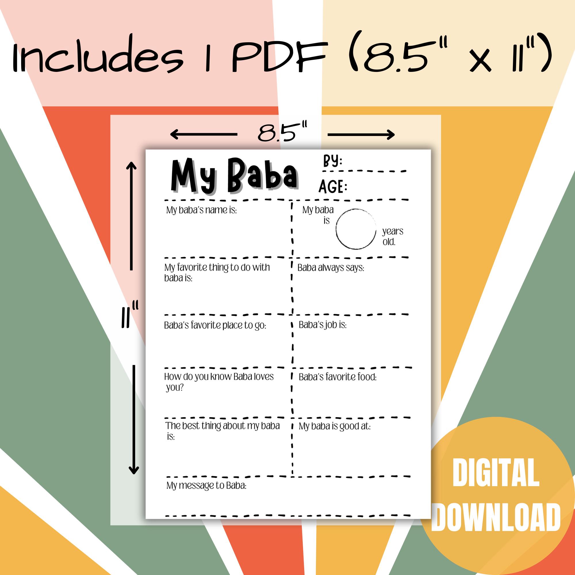 Printable Baba Worksheet, About My Baba, Birthday Gift for Baba, Father ...