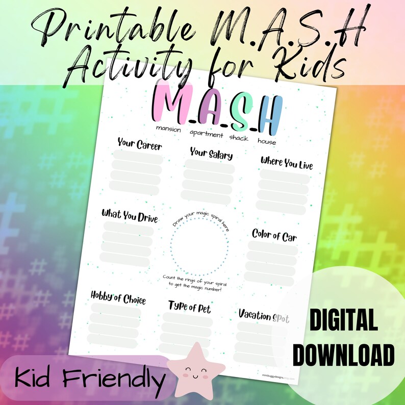 Printable Kid Friendly MASH Game, Party Activity (digital Download) - Etsy