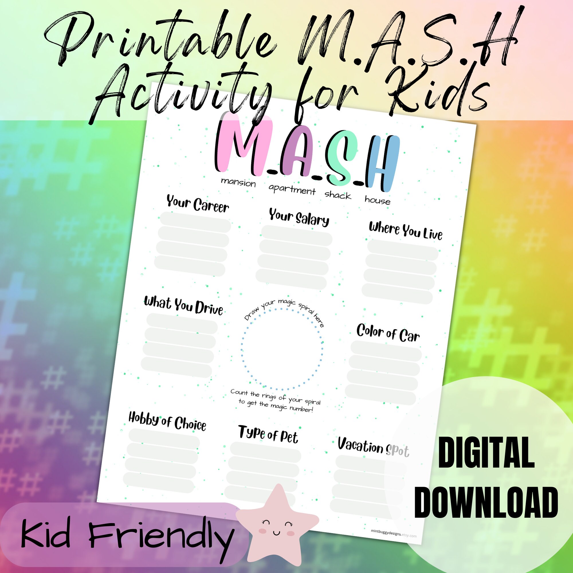 Printable *kid Friendly* MASH Activity, MASH Game Printable, Birthday ...