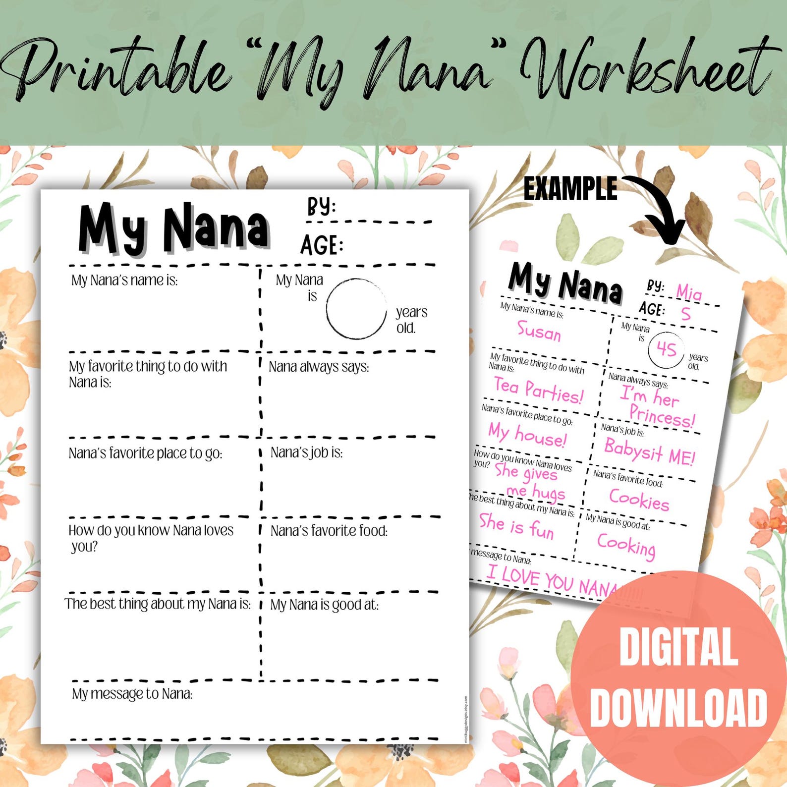 Printable My Nana Worksheet, All About My Nana, Nana Birthday Gift ...
