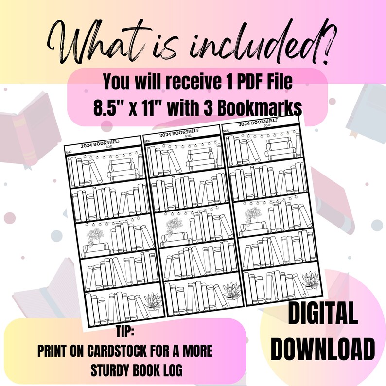 Printable 2024 Book Shelf Bookmark, 2024 Reading Log, Digital Download ...