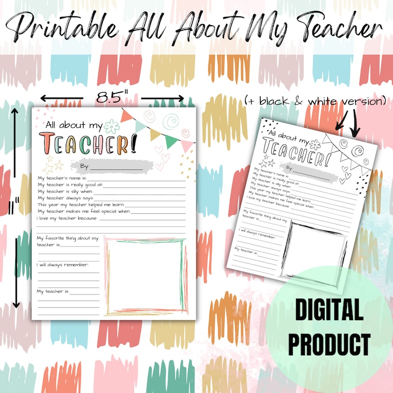 Printable All About My Teacher, Teacher Appreciation Printable, Teacher ...
