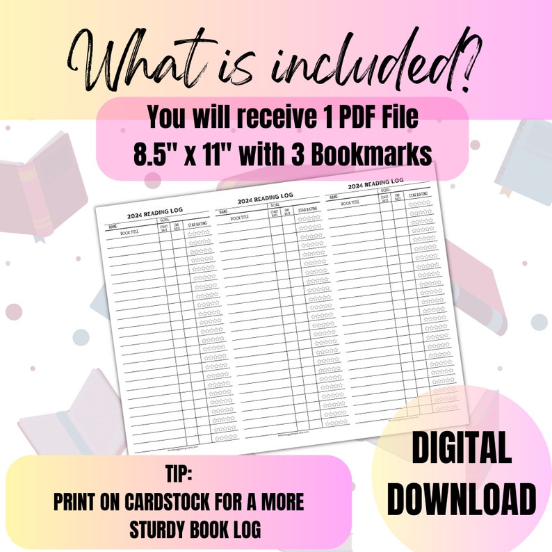 Printable 2024 Book Log Bookmark, 2024 Reading Log, Digital Download ...
