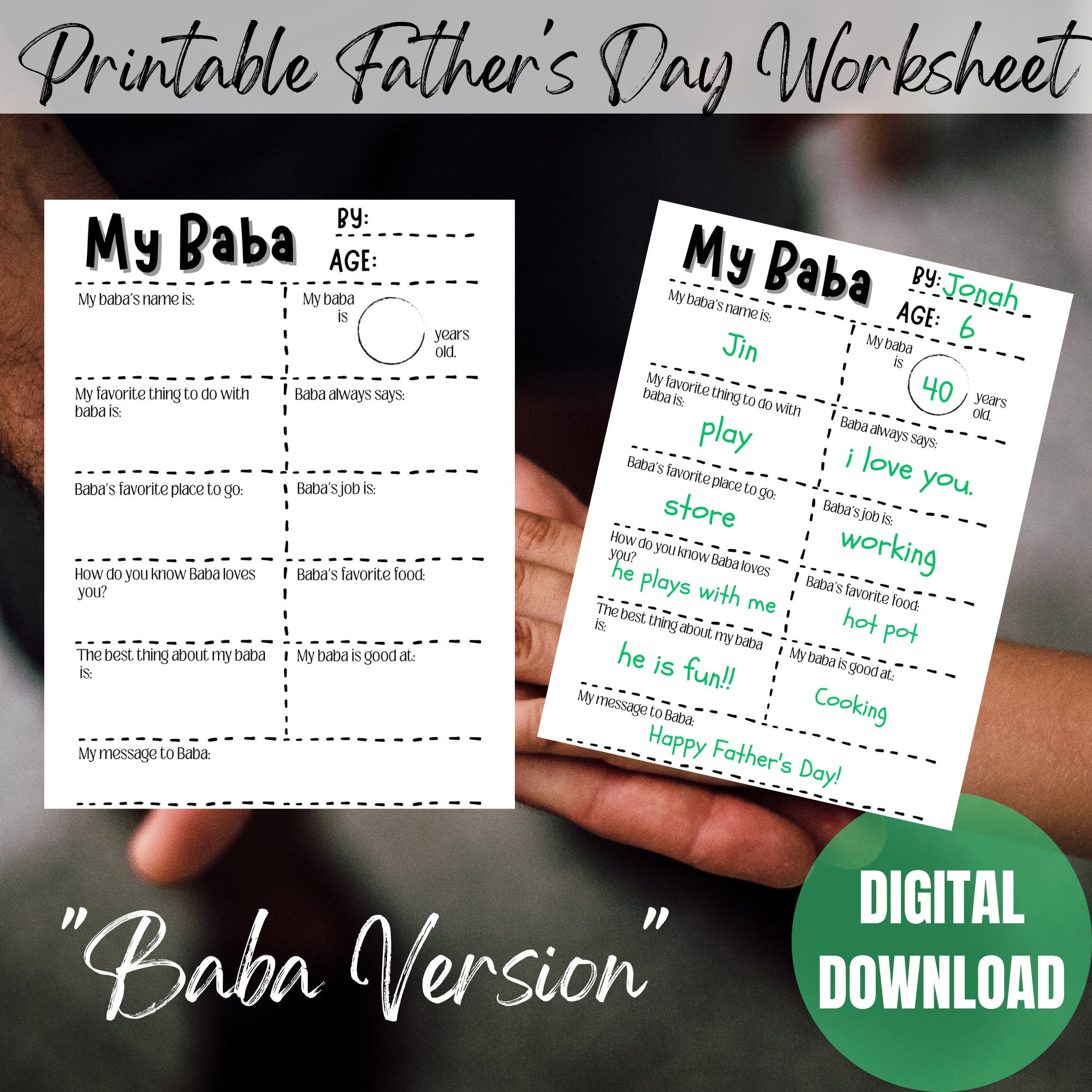 Printable Father's Day Worksheet, About My Baba, Gift for Baba, Father ...