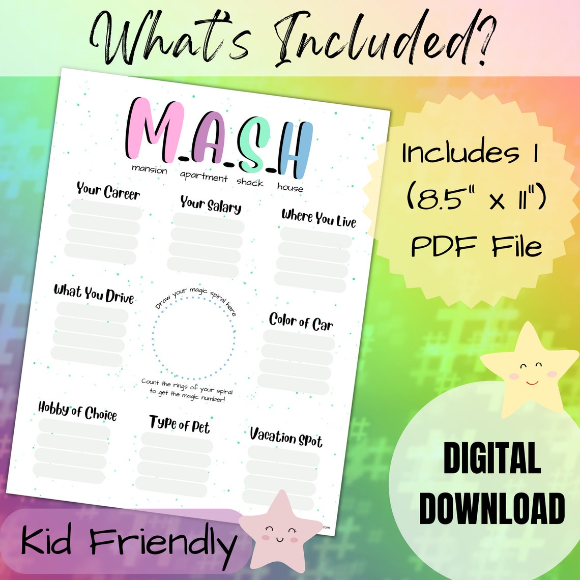 Printable *kid Friendly* MASH Activity, MASH Game Printable, Birthday ...