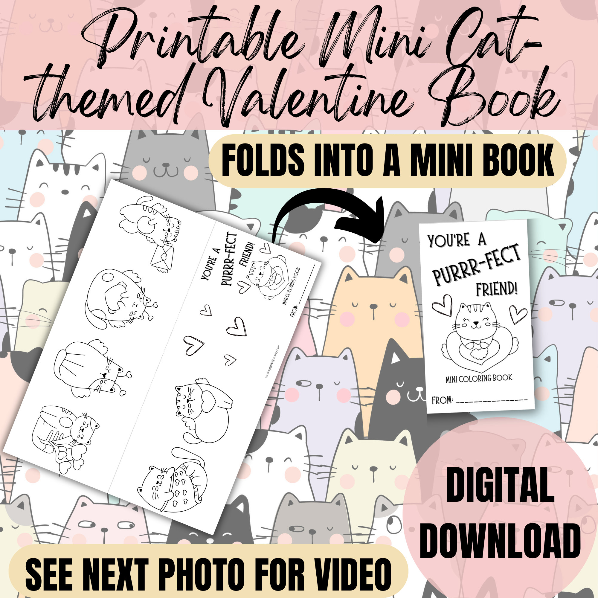 Printable Cat Themed Valentine Mini Book, Cat Valentine, Printable Cat ...