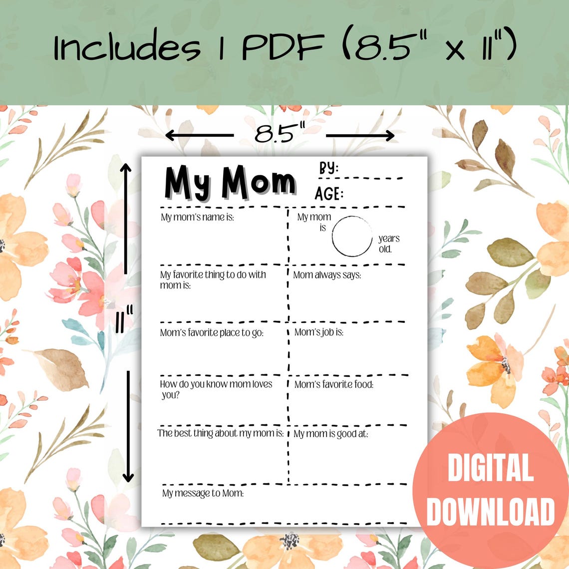 Printables My Mom Worksheet, Birthday Gift to Mom, Mom Gift From Kid ...