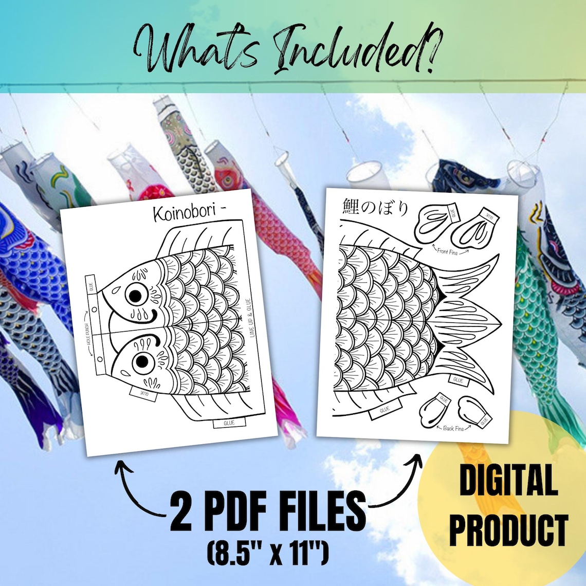 Printable 14" Koinobori Template, Kodomo No Hi Coloring Sheet, Children ...