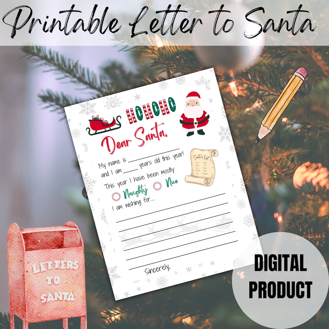 Printable Dear Santa Letter Template, Christmas Wish List, Naughty or ...