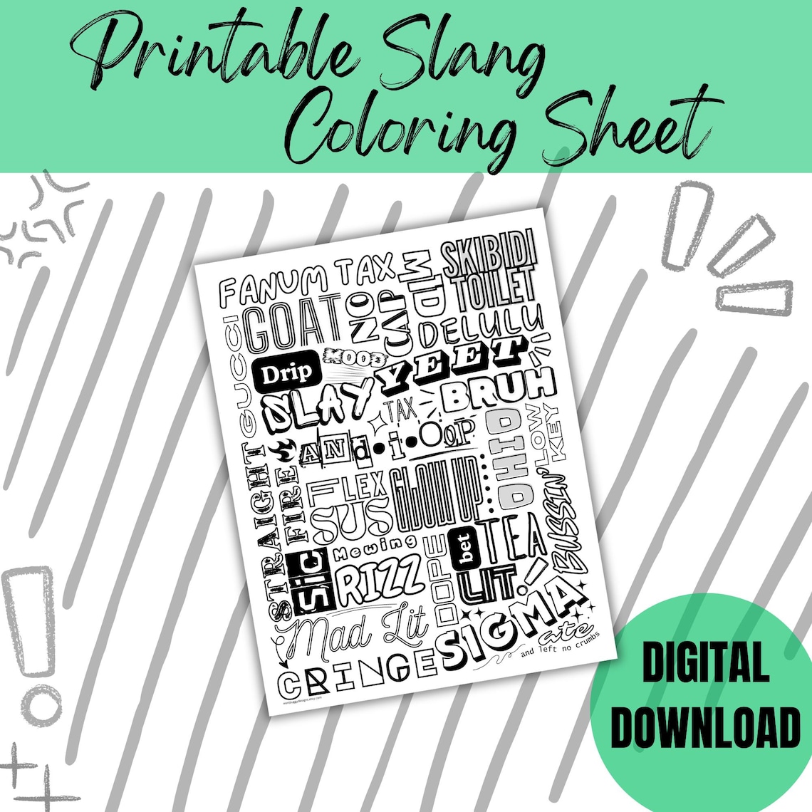 Teen Slang Coloring Page, Gen Z Slang Birthday Printable, Middle School ...