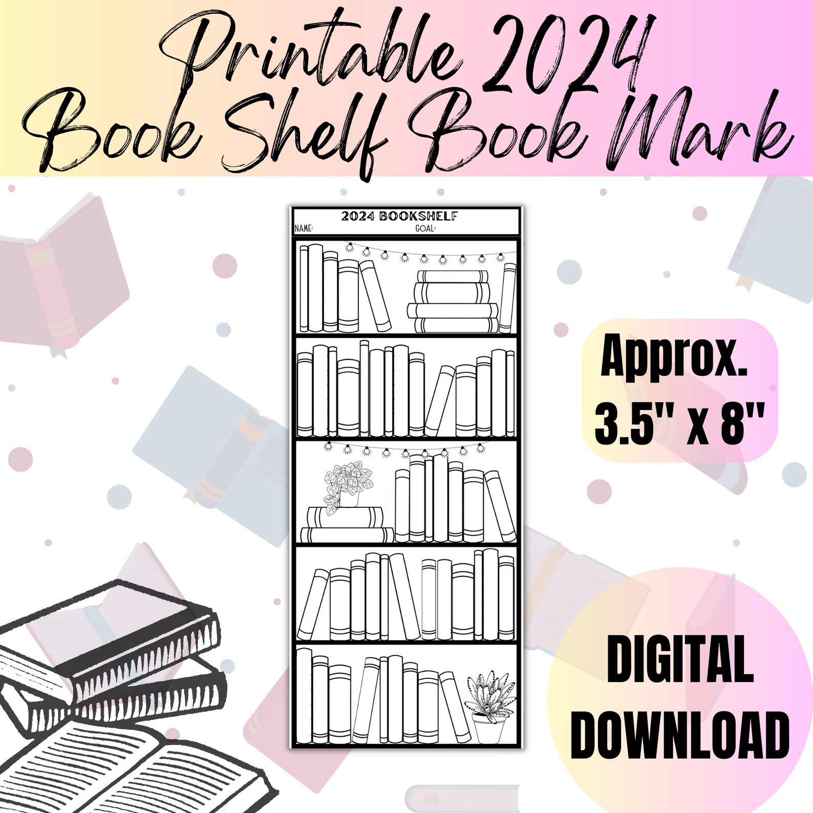 Printable 2024 Book Shelf Bookmark, 2024 Reading Log, Digital Download ...