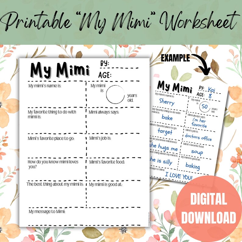 Printable My Mimi Worksheet, All About My Mimi, Mimi Birthday Gift ...