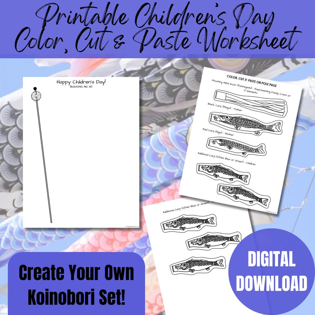 Printable Children's Day Color, Cut & Paste Worksheet, Koinobori ...