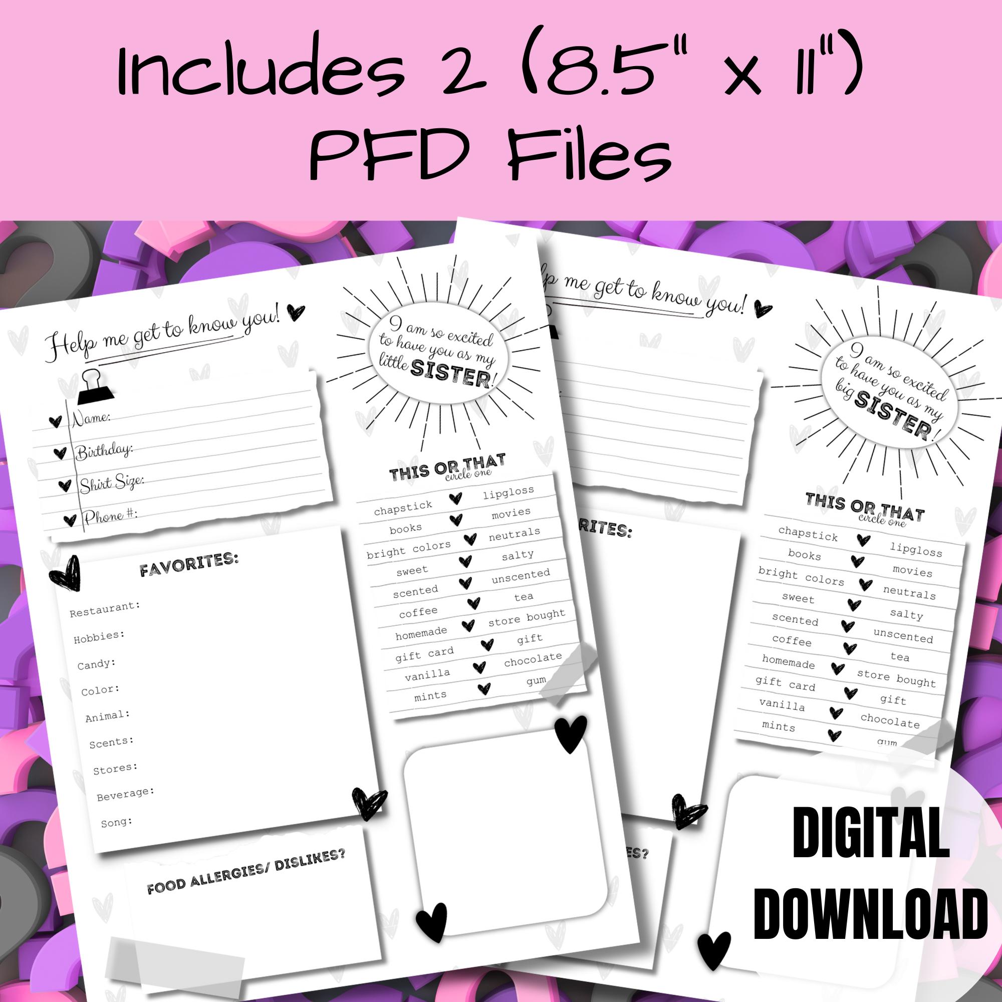 Printable Little Sister/big Sister Questionnaire, 'get to Know You ...