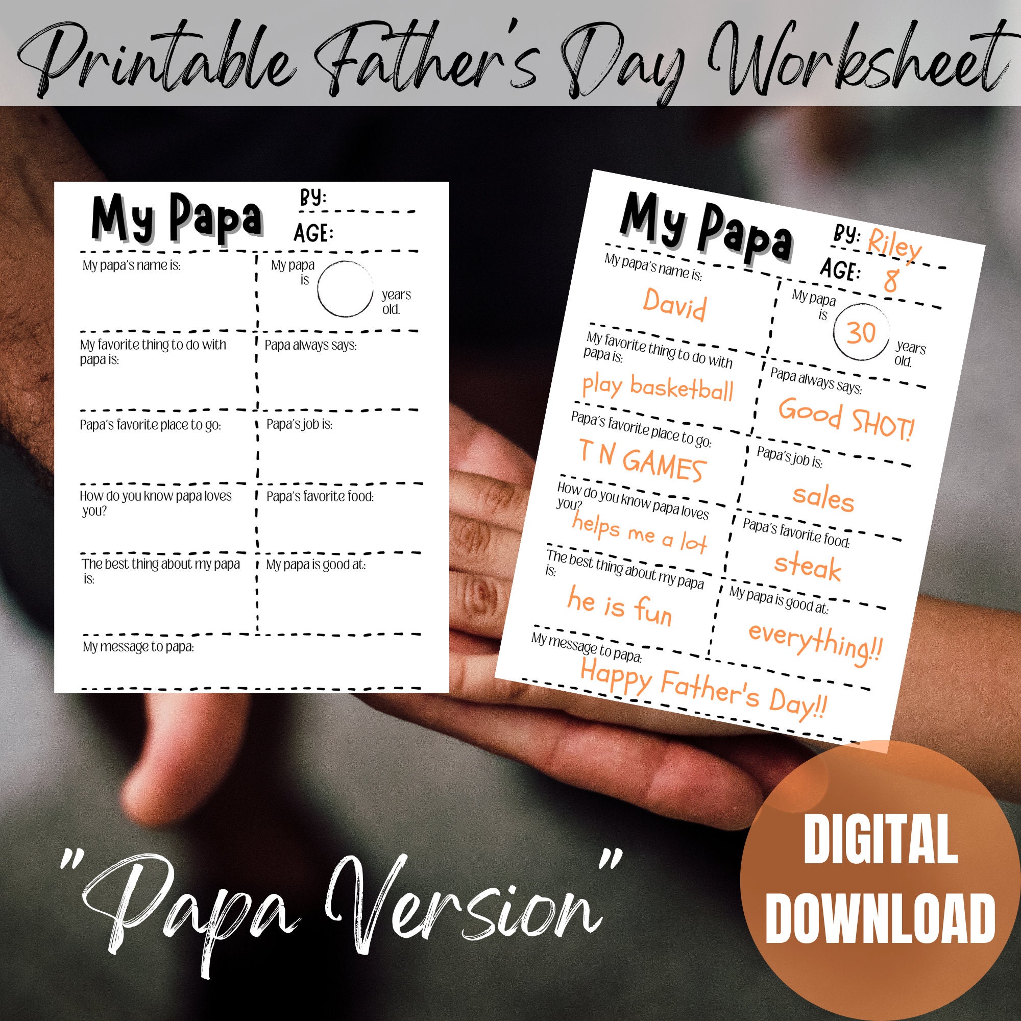 Printable Papa Worksheet, About My Papa, Gift for Papa, Father's Day ...