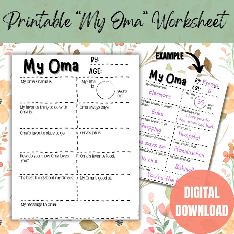 Printable My Oma Worksheet, All About My Oma, Oma Birthday Gift, Oma ...