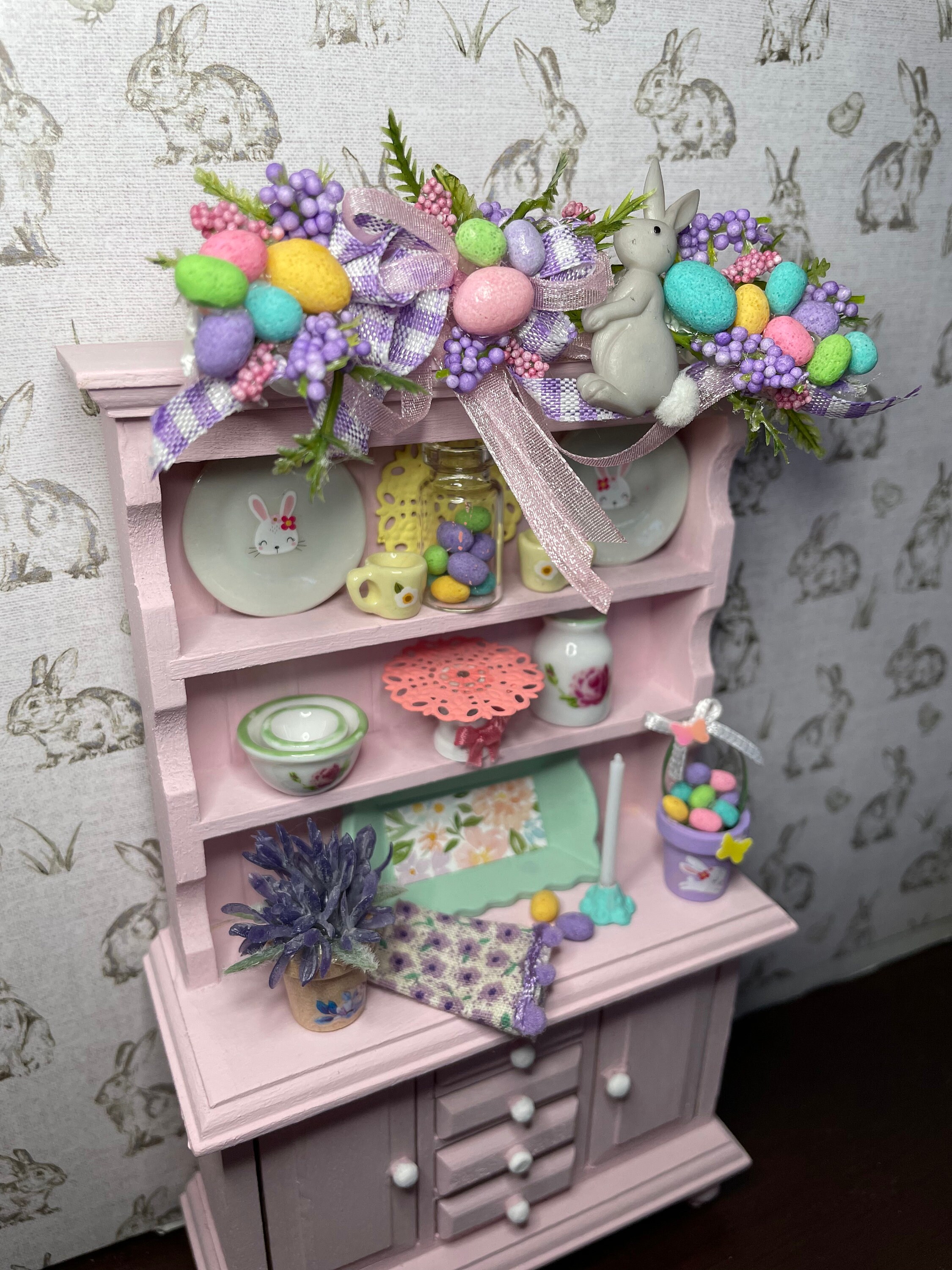 Miniature Easter Pink Hutch Filled Mini Easter Decor & Mini Easter ...
