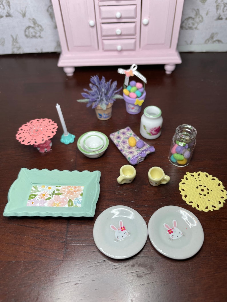 Miniature Easter Pink Hutch Filled Mini Easter Decor & Mini Easter ...