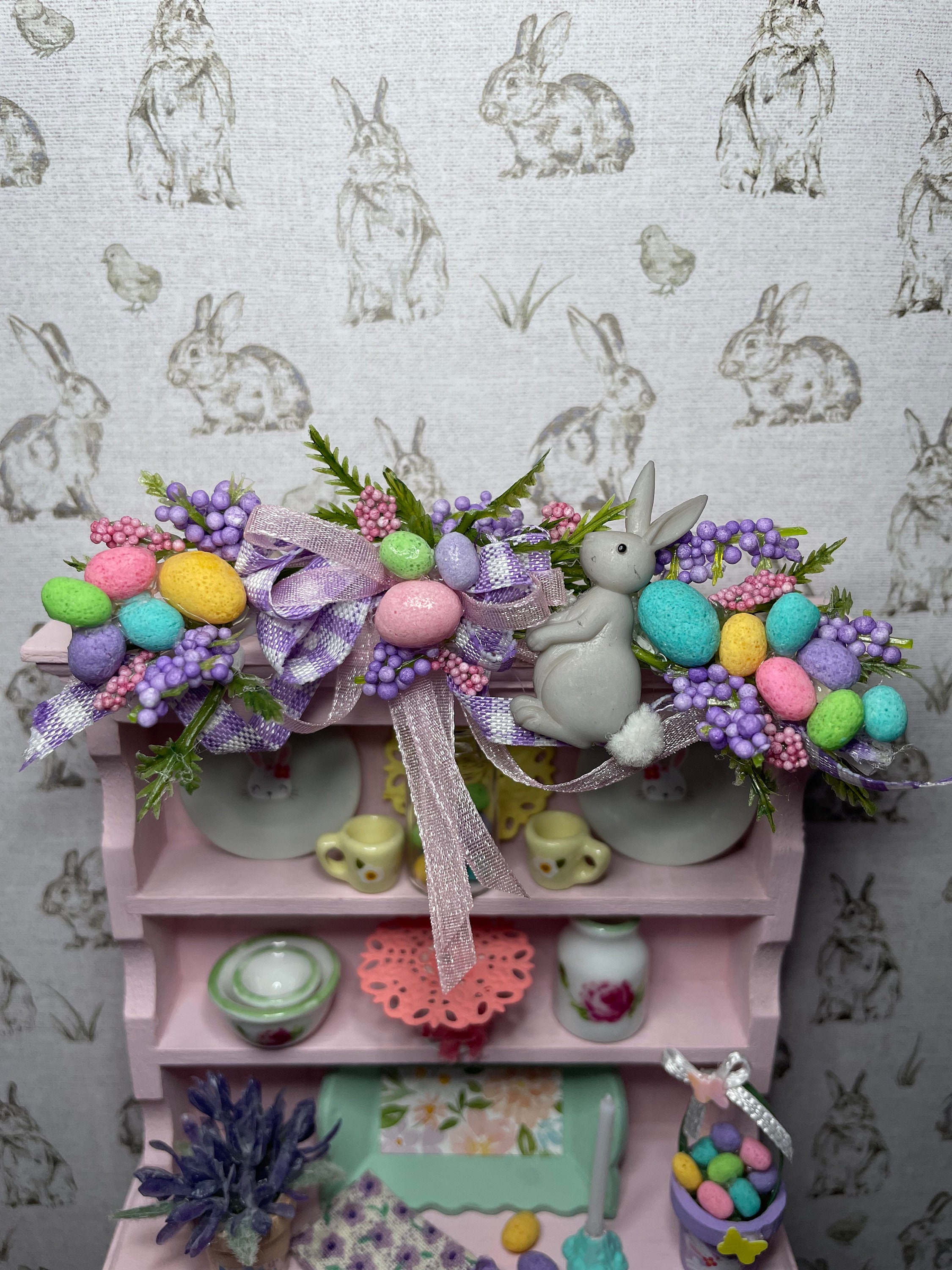Miniature Easter Pink Hutch Filled Mini Easter Decor & Mini Easter ...