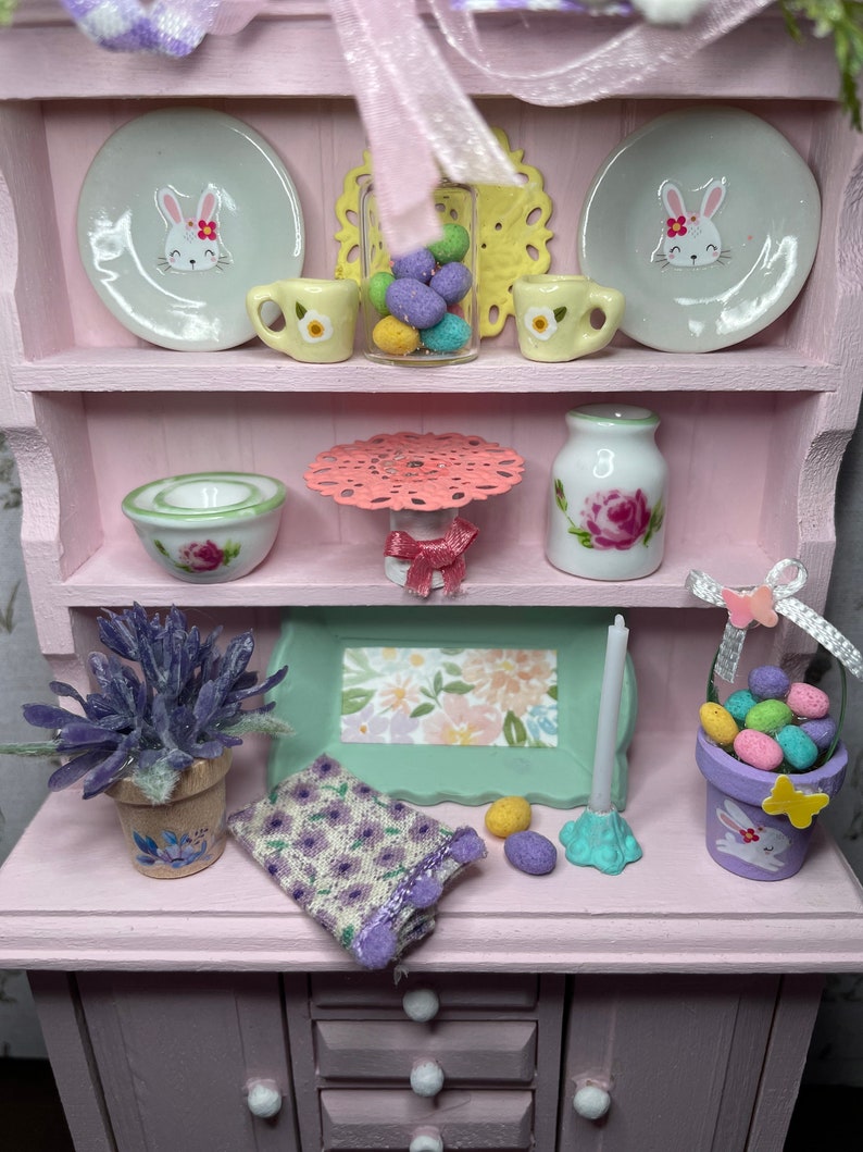 Miniature Easter Pink Hutch Filled Mini Easter Decor & Mini Easter ...