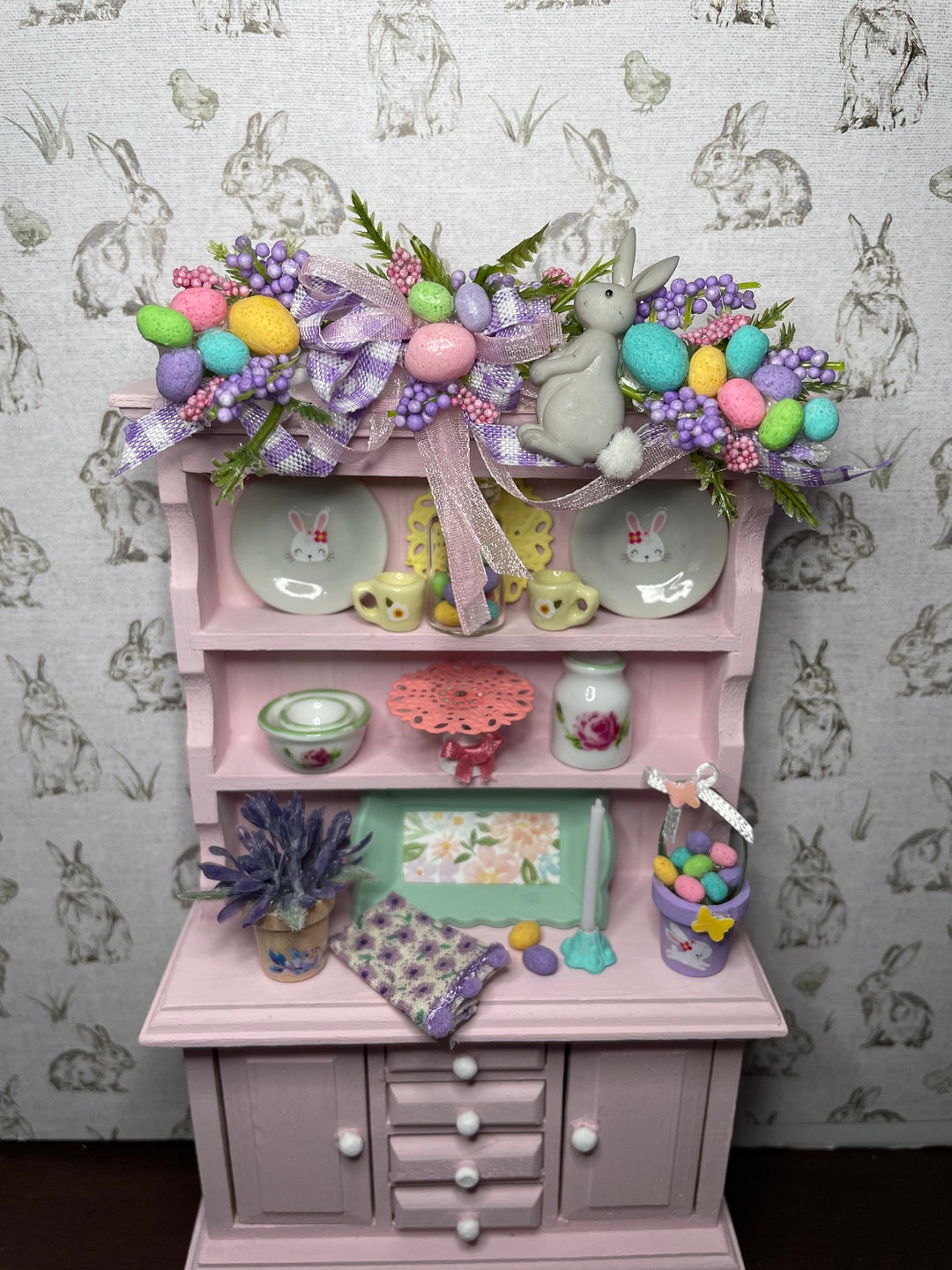 Miniature Easter Pink Hutch Filled Mini Easter Decor & Mini Easter ...