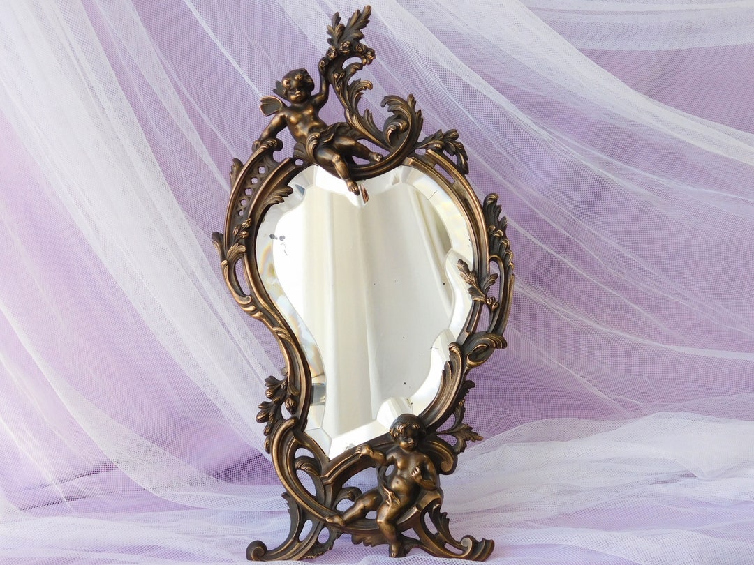 Antique Brass Mirror With Cherub. Ornate Old Gold Table Mirror XIX Th ...