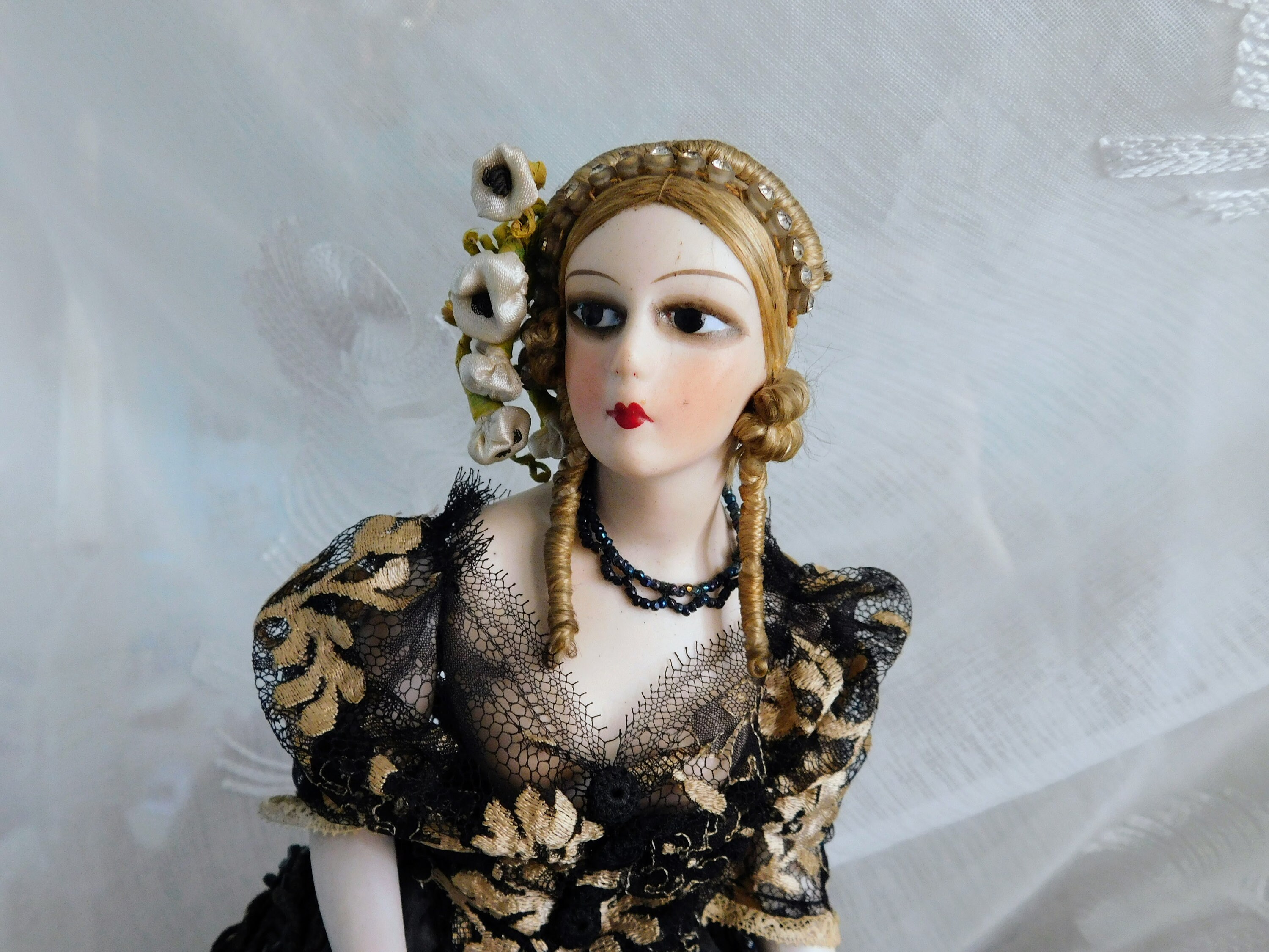 Rare Antique Boudoir Tea Half Doll Black Ball Gown Piano Doll Baroness Divan Doll Edwardian
