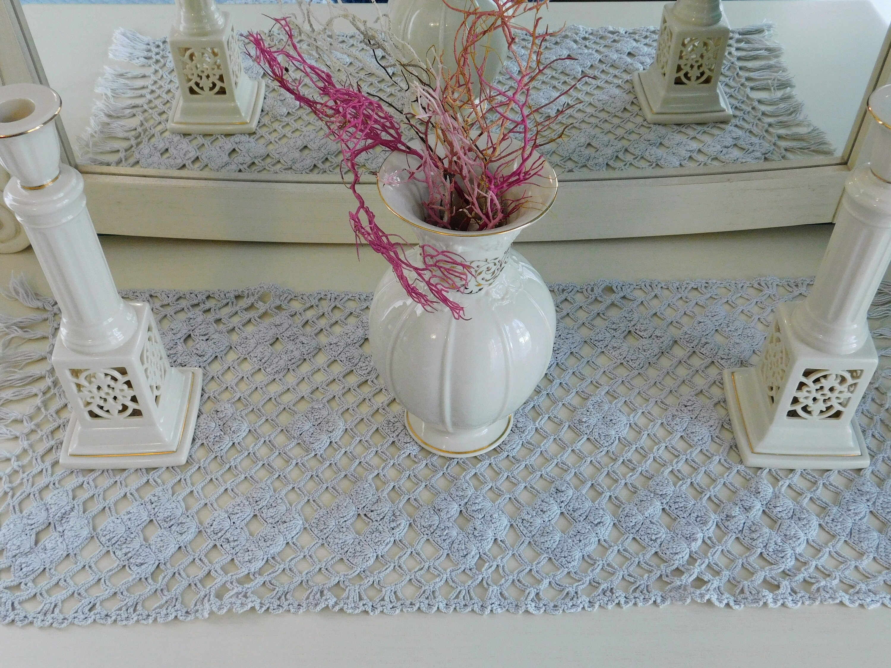 Vintage Fireplace Runner. Gray Crochet Table Runner. Long Crochet Table ...