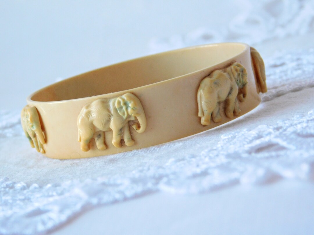 Vintage Celluloid Bracelet With Elephants. Ivory Color Cuff Bracelet ...
