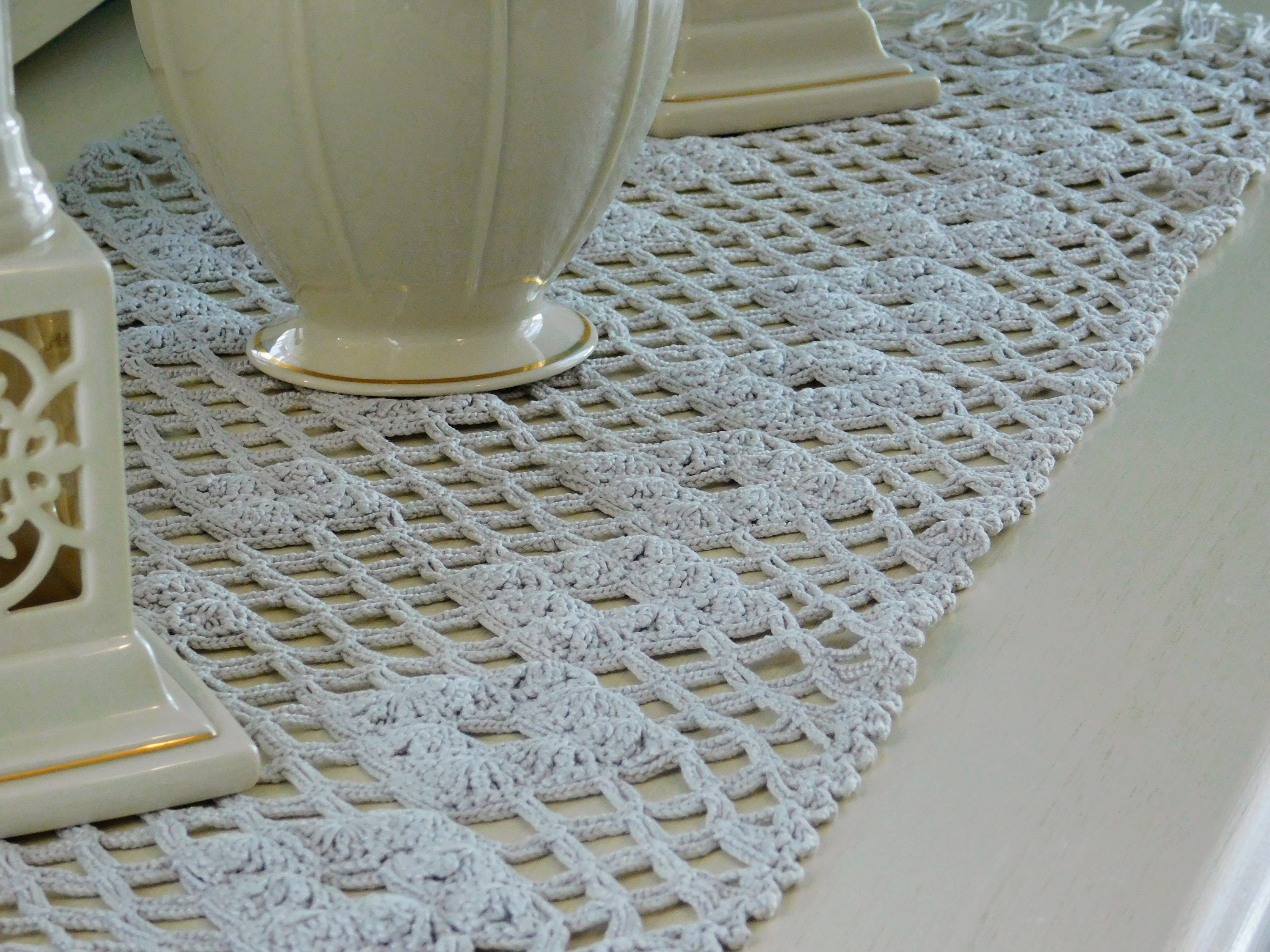 Vintage Fireplace Runner. Gray Crochet Table Runner. Long Crochet Table ...