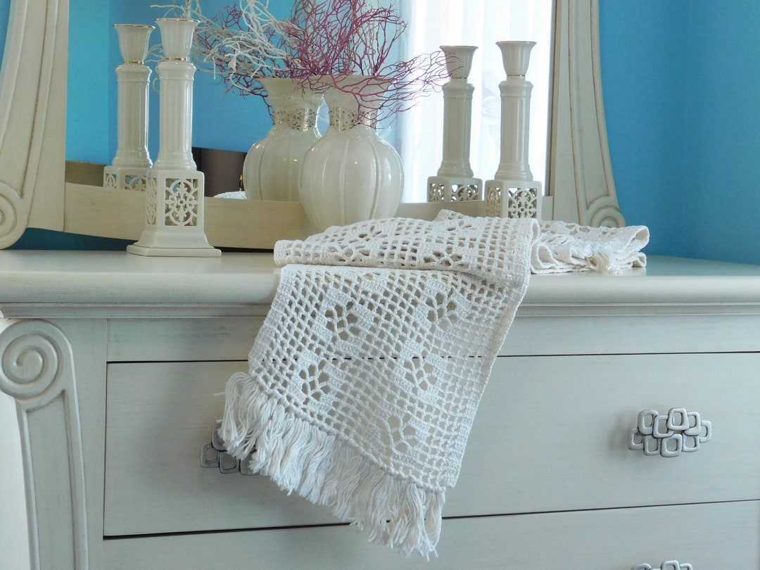 Ivory Crochet Table Runner. Vintage Fireplace Runner. Long Crochet ...