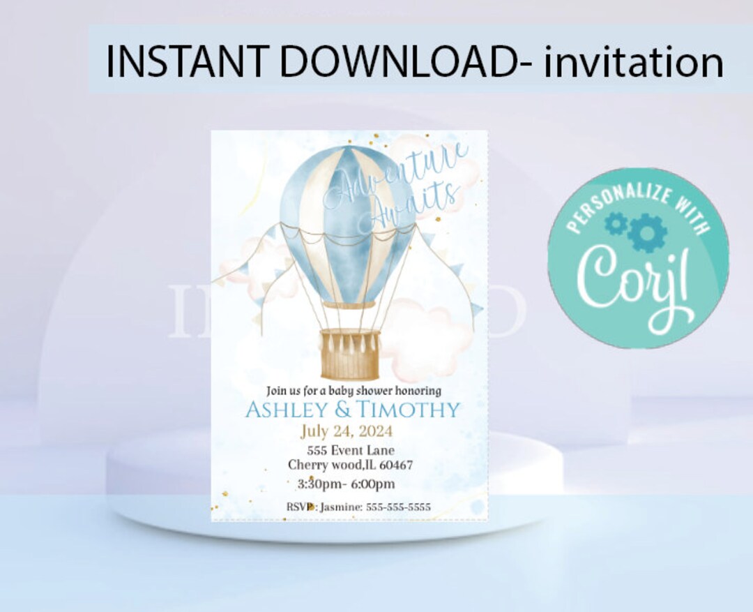 Hot Air Balloon Invitation- Blue- INSTANT DOWNLOAD - Etsy
