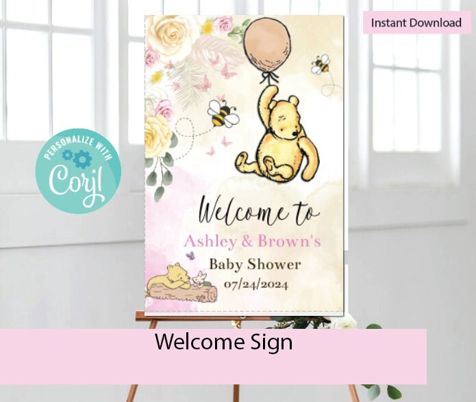 Winnie the Pooh- Welcome Sign- With Balloon - Pink - Etsy