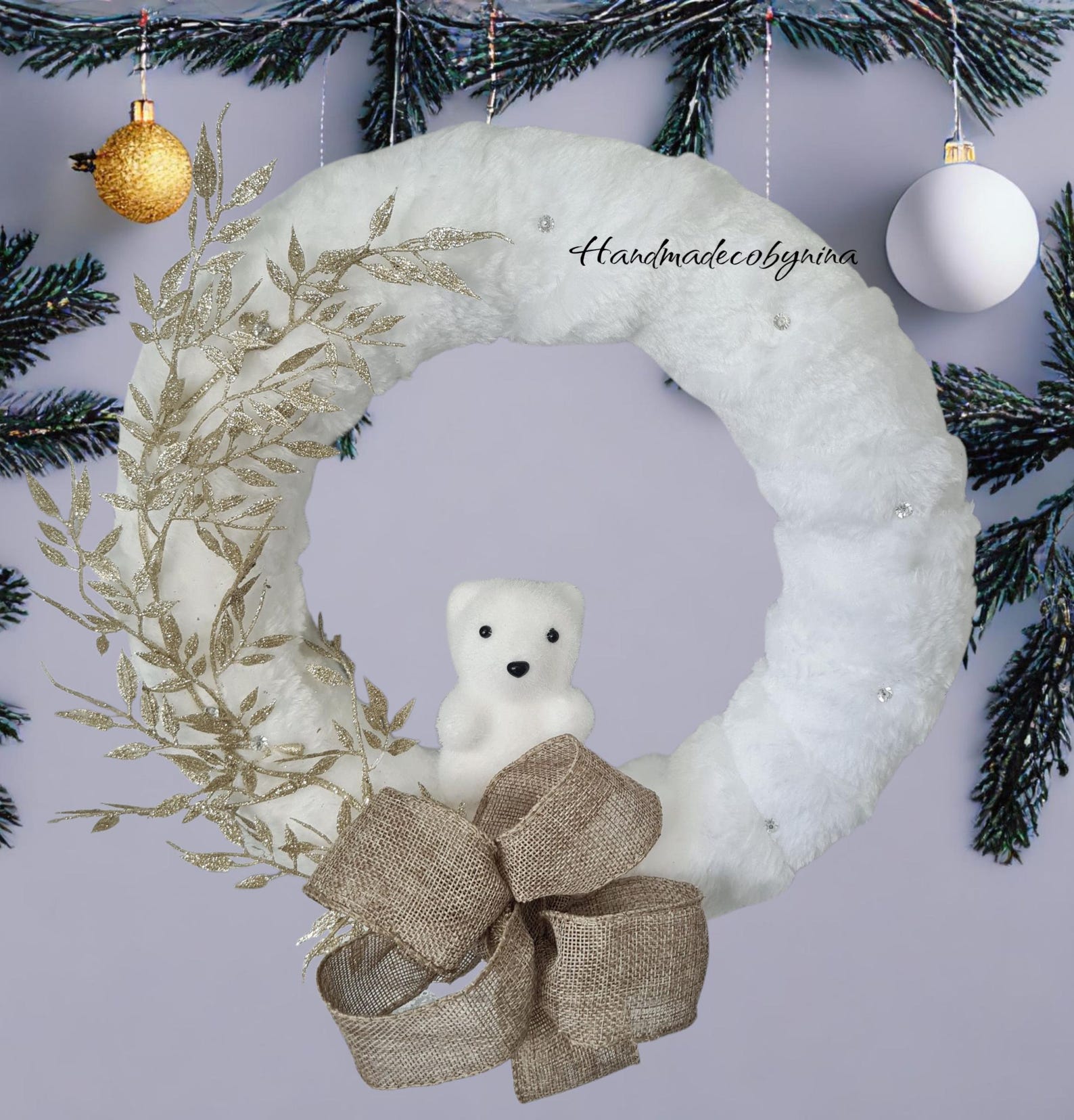 Winter White Faux Fur Wreath Silver Gold Foliage Blue / Ice Blue Decor ...