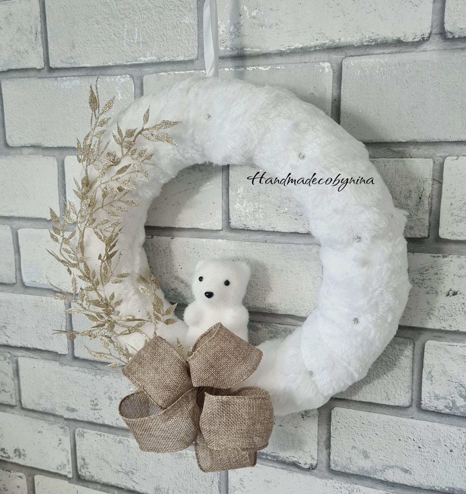 Winter White Faux Fur Wreath Silver Gold Foliage Blue / Ice Blue Decor ...