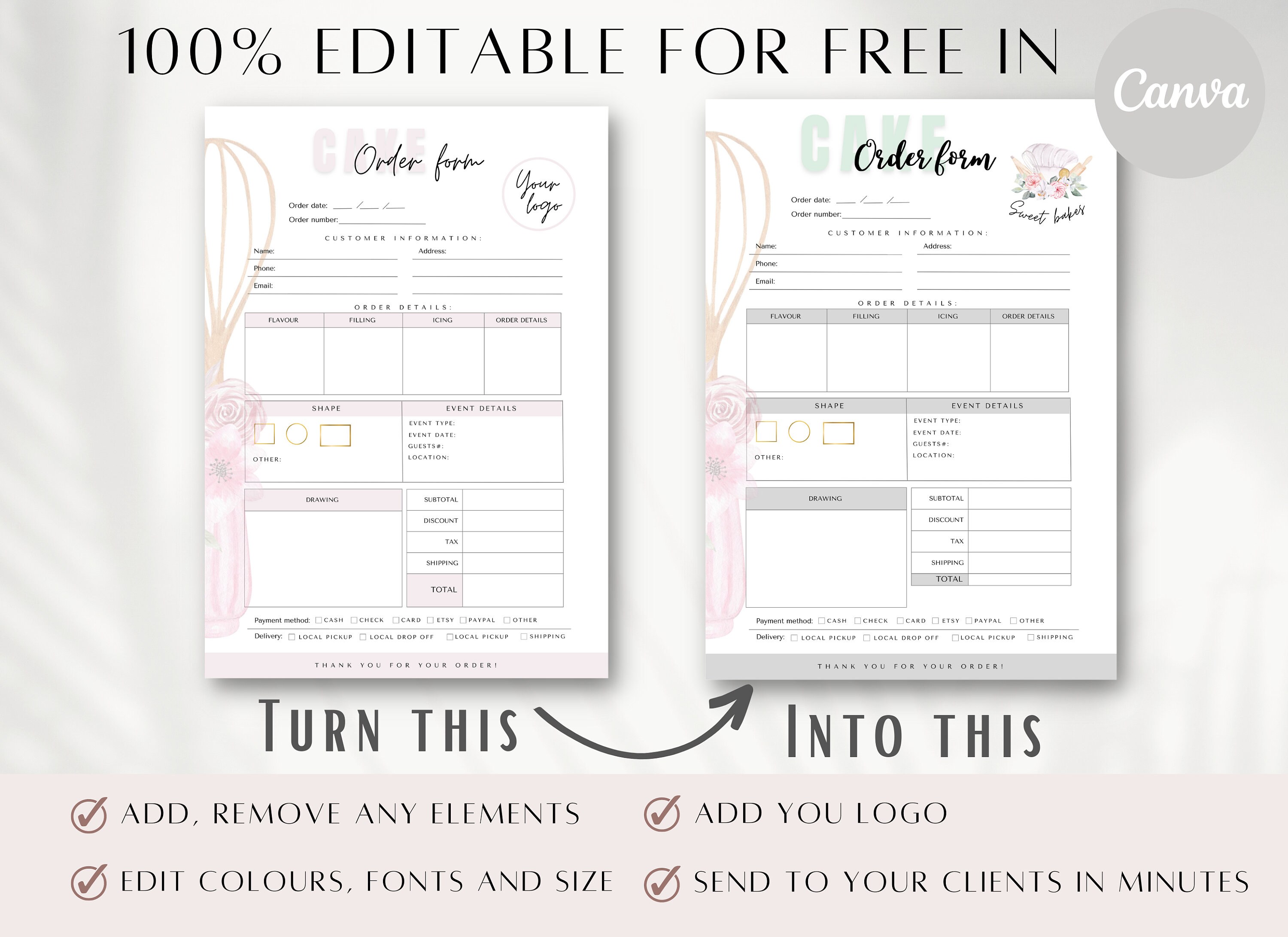 Cake Order Form Template, Bakery Order Form Editable, Cookie Order Form ...