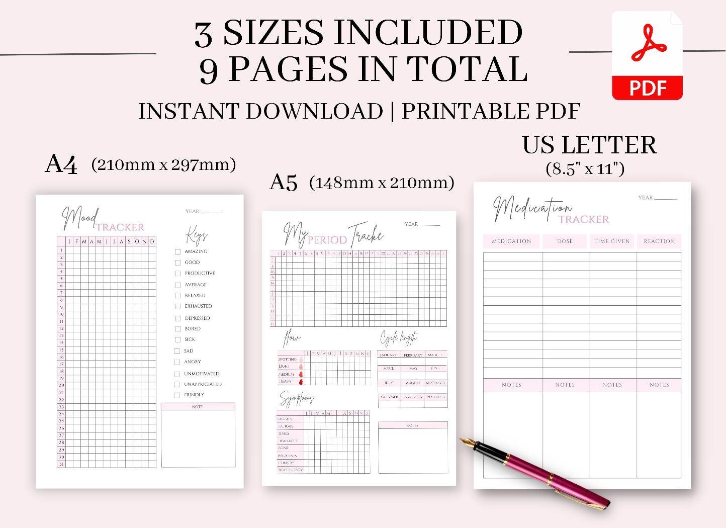Printable Period Tracker, Mood Tracker Printable & Medication Tracker ...