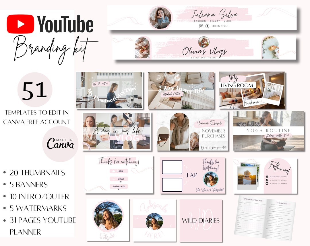 Pink Youtube Branding Kit, Youtube Content Planner, Social Media ...
