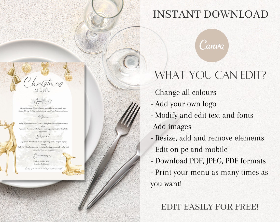 Christmas Menu Template Editable, Dinner Menu Template, Restaurant Menu ...
