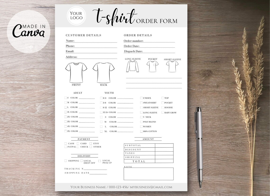 Tshirt Order Form Template Custom Order Form Editable US - Etsy