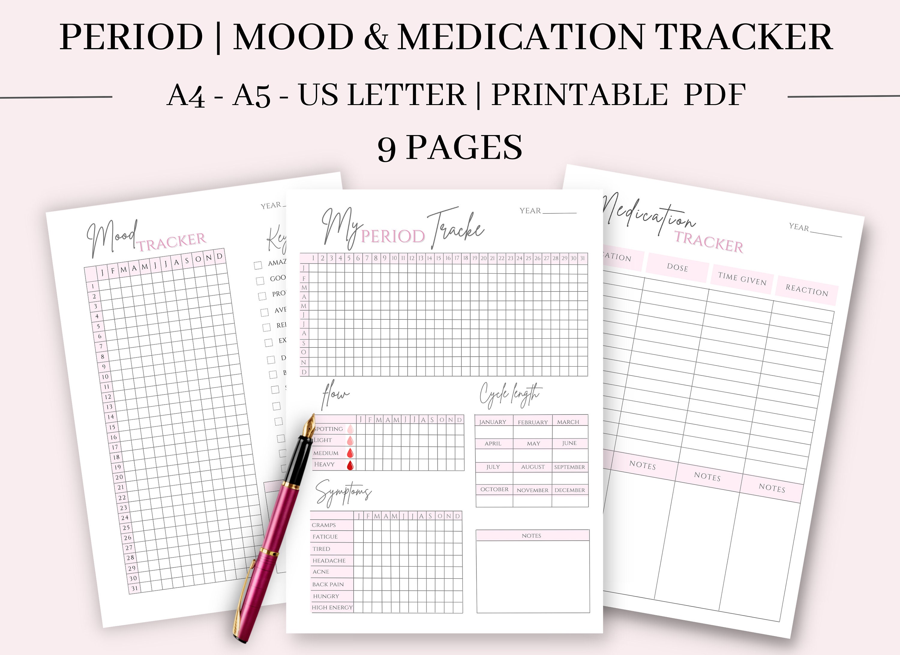 Printable Period Tracker, Mood Tracker Printable & Medication Tracker ...