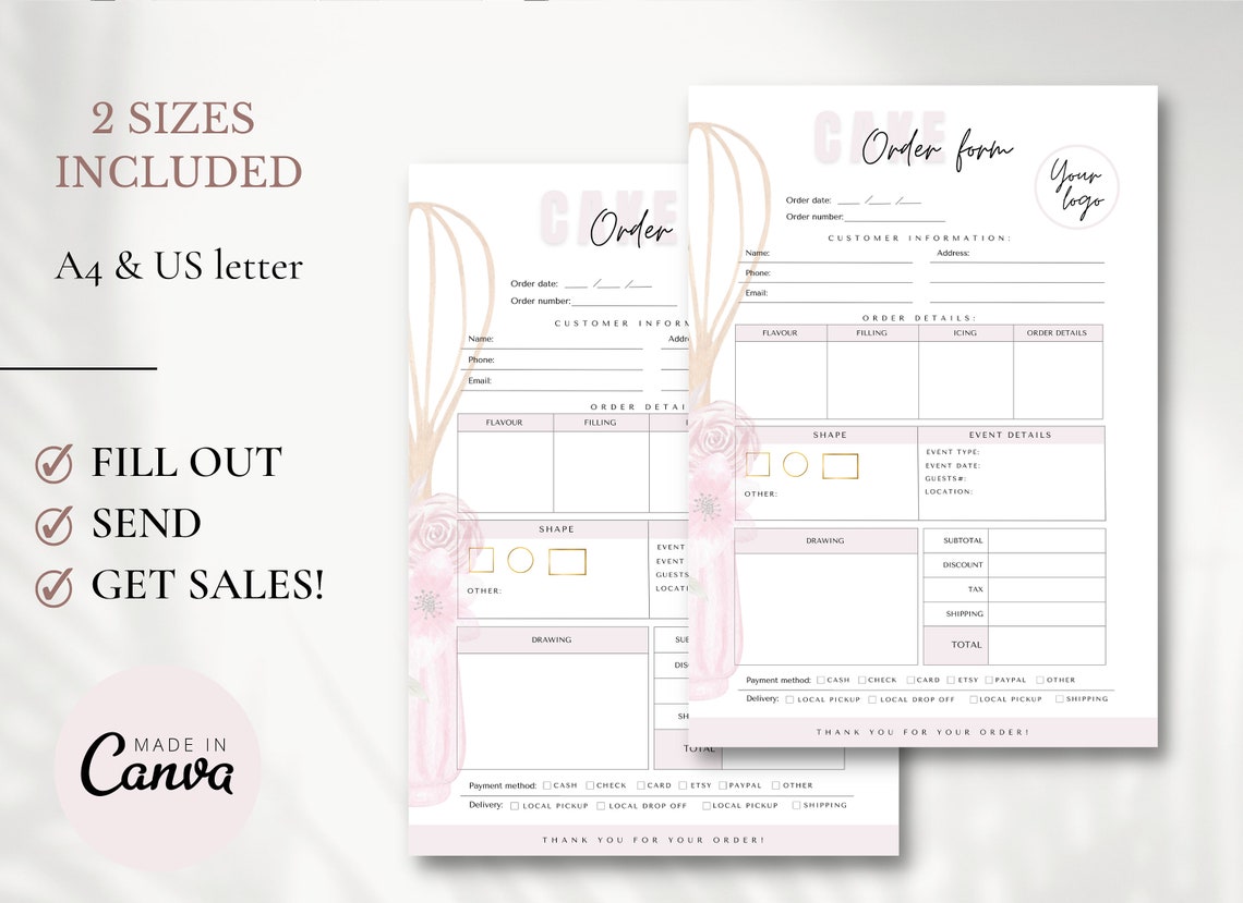 Cake Order Form Template, Bakery Order Form Editable, Cookie Order Form ...
