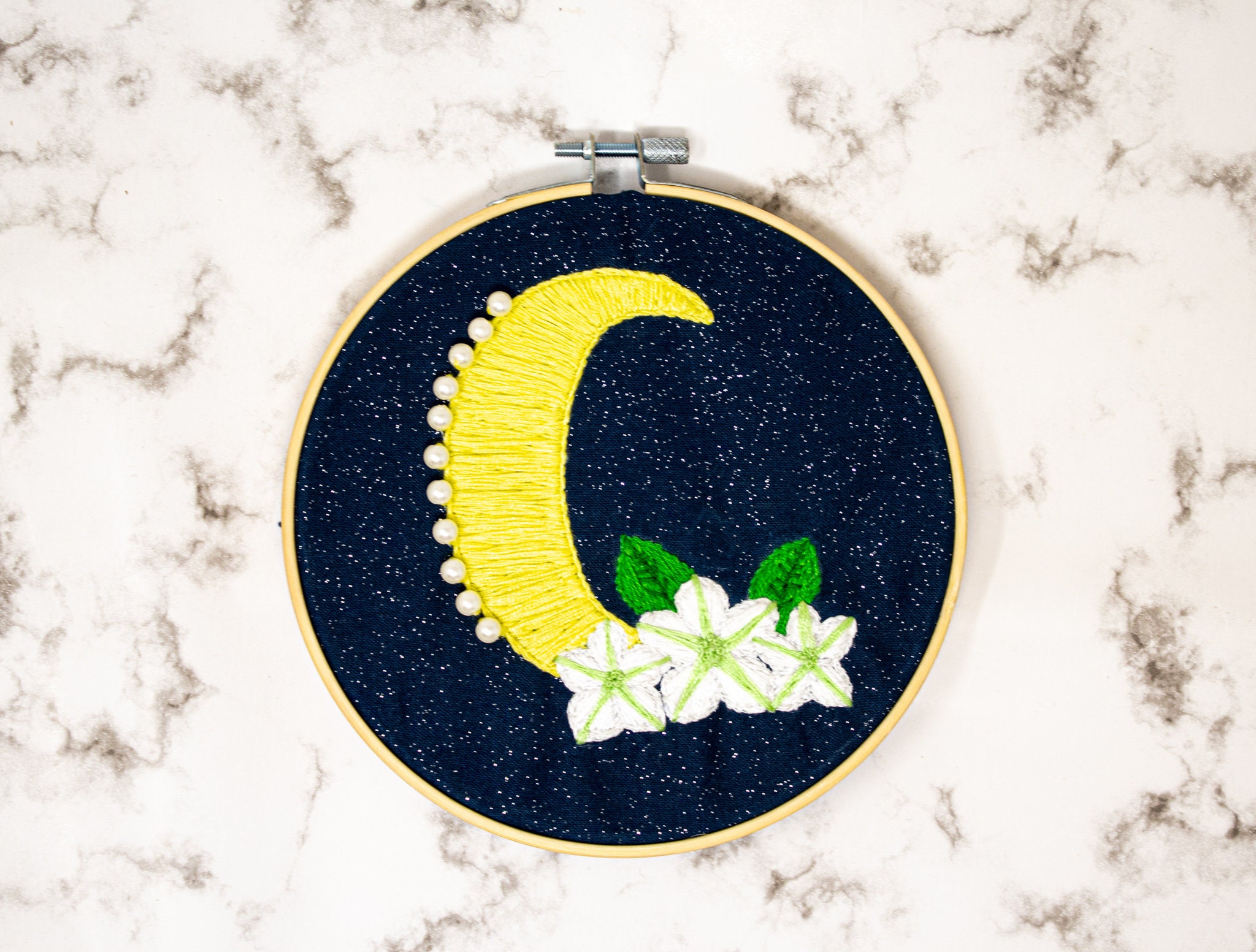 Crescent Moon With Moon Flowers Embroidery - Etsy