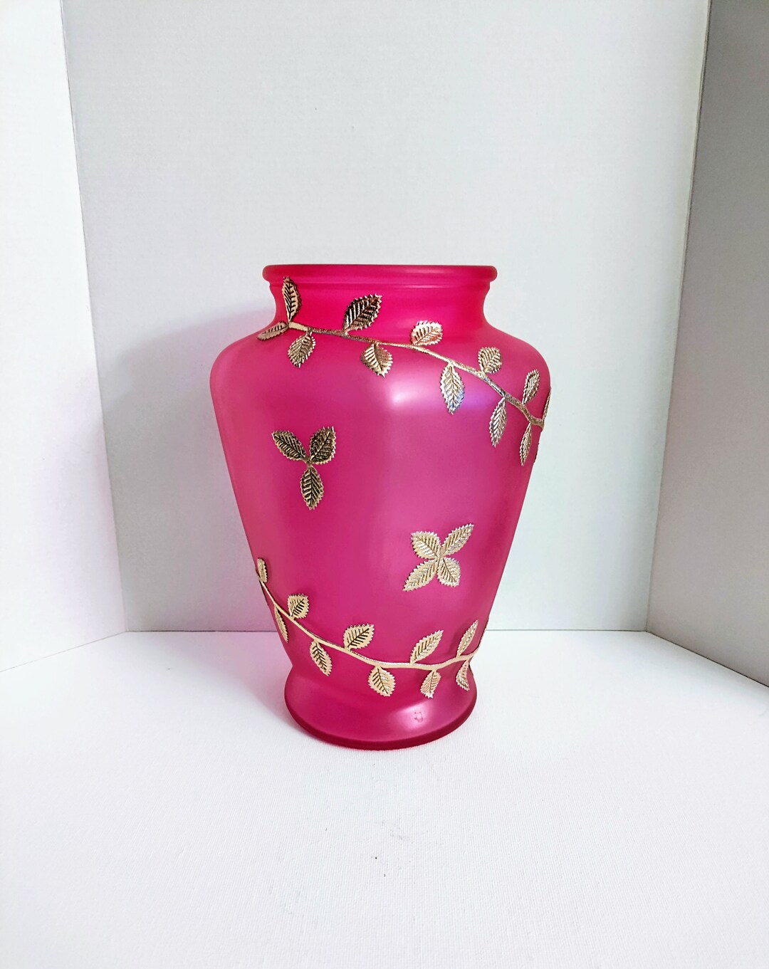 8 Inch Vase, Pink and Gold Vase, Pink Frosted Glass Vase Decorated With ...