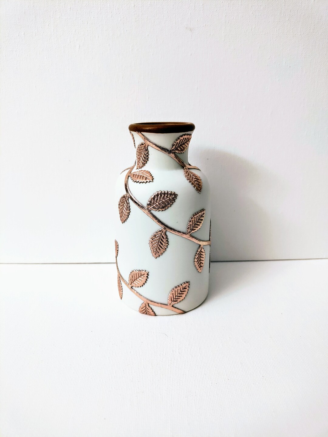 Bud Vase, White Bud Vase, Rose Gold Leaf Ribbon Vase, Small White ...